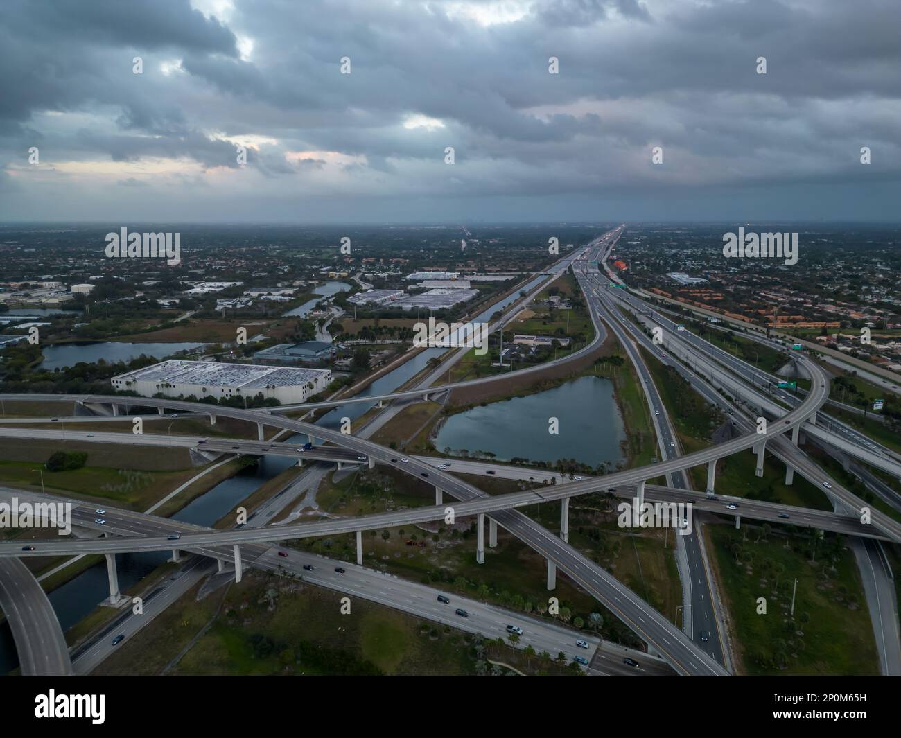 An aerial view of crossing highway roads above Florida during the ...