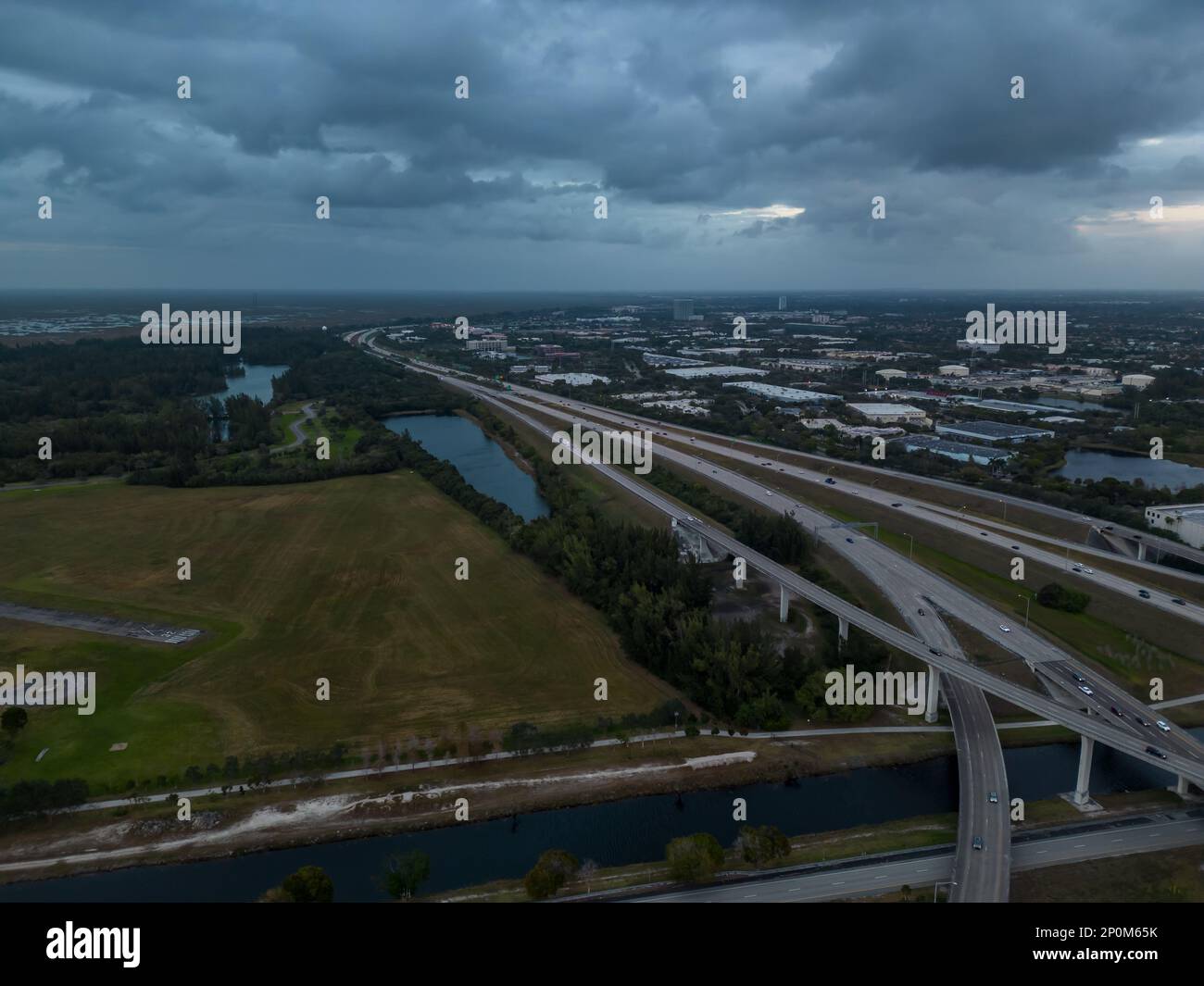 An aerial view of crossing highway roads above Florida during the ...