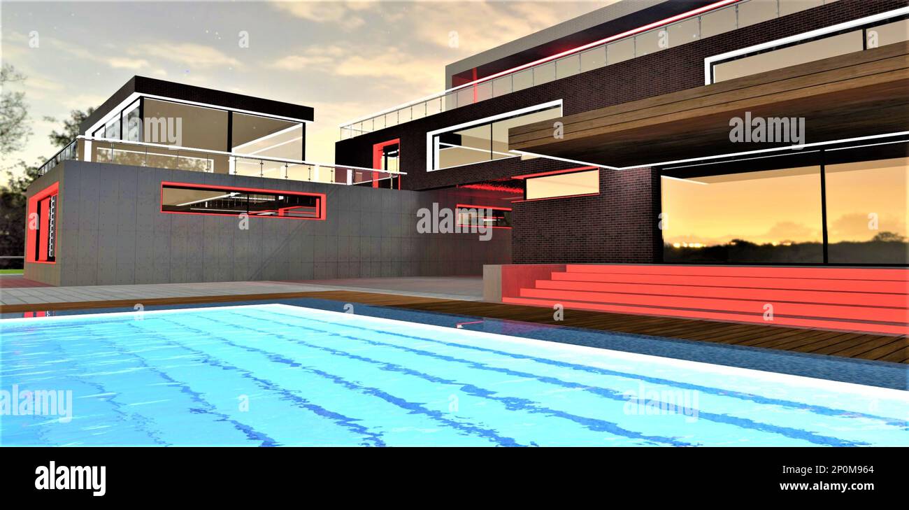 Swimming pool with warm water in front of the exit from the modern ...