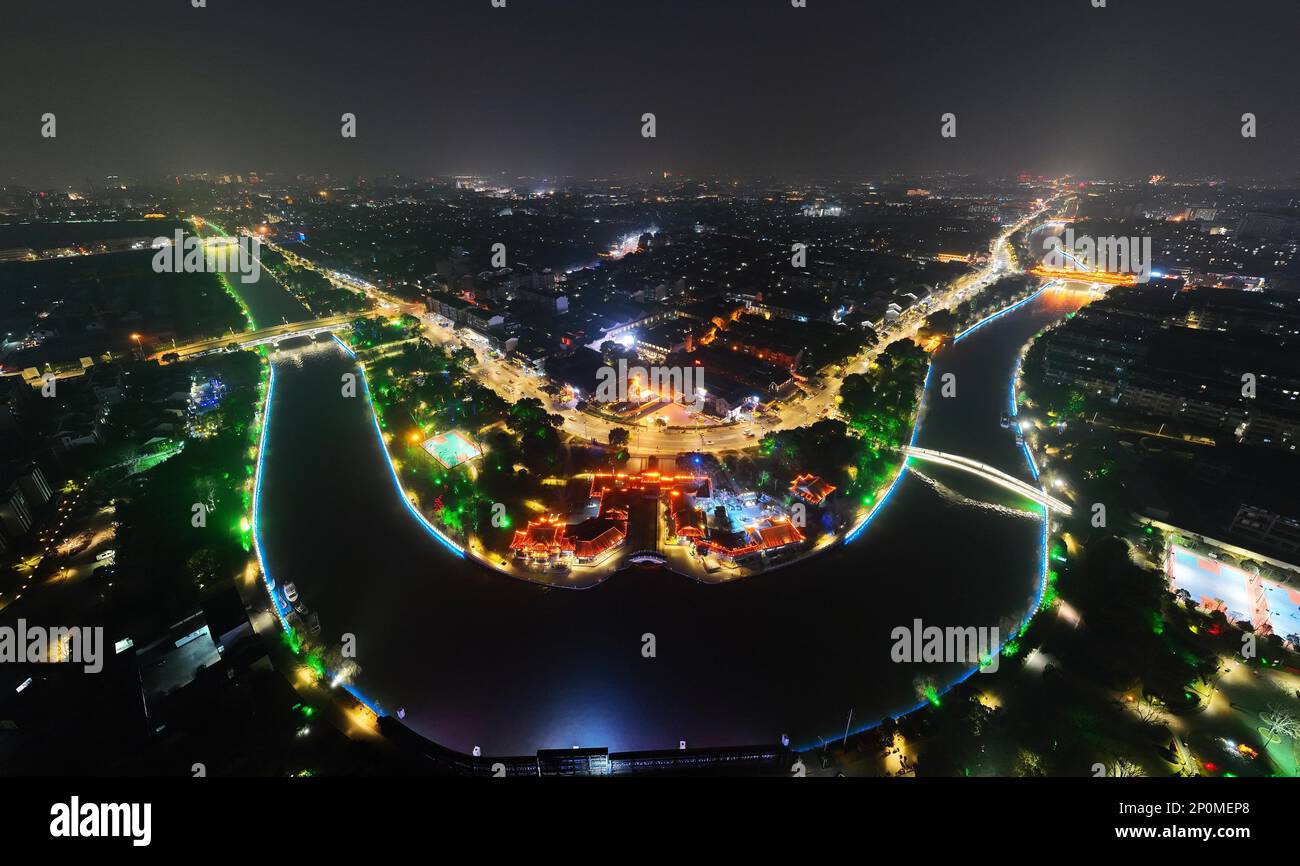 Aerial photo shows the night view of Yangzhou Ancient Canal in Yangzhou ...