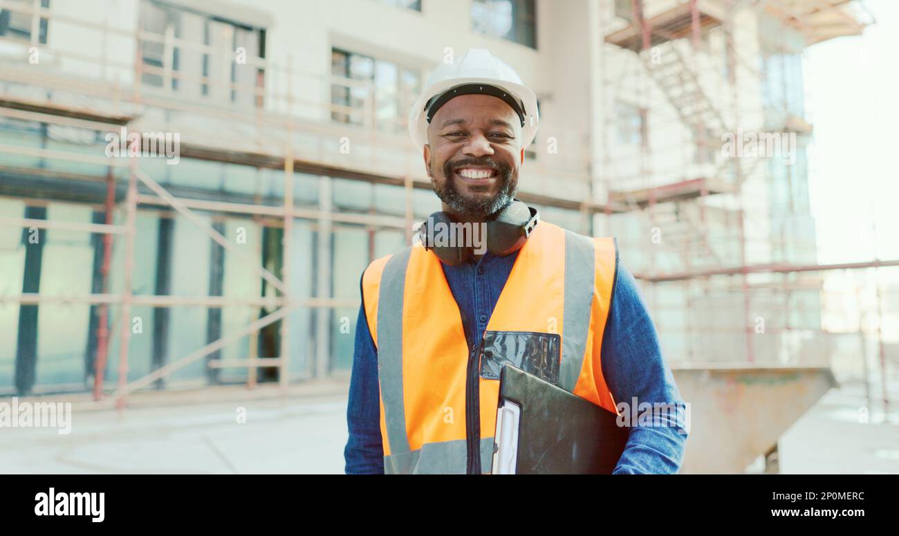 Construction, black man and clipboard, building and inspection, manage ...