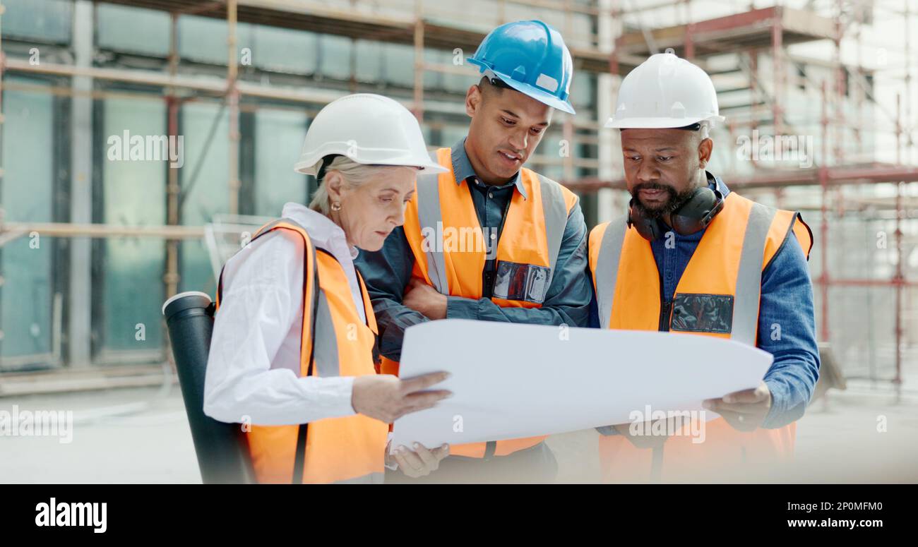 Construction team, blueprint and site building job for architect ...