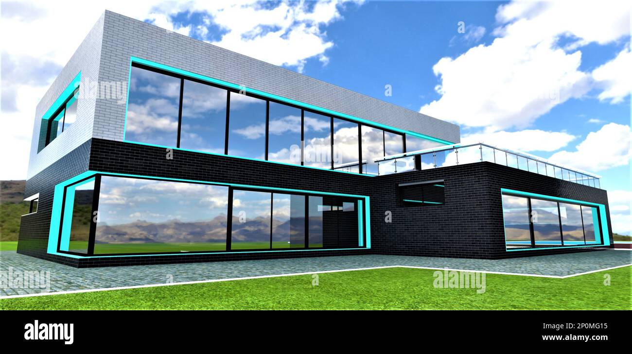 Stunning cloudy sky above newly built modern estate with turquoise ...