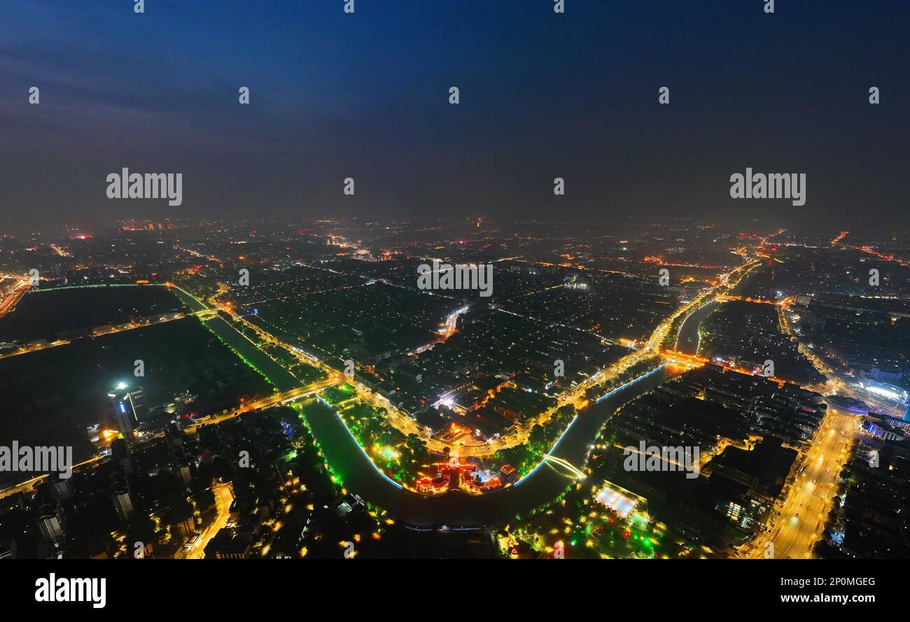 Aerial photo shows the night view of Yangzhou Ancient Canal in Yangzhou ...