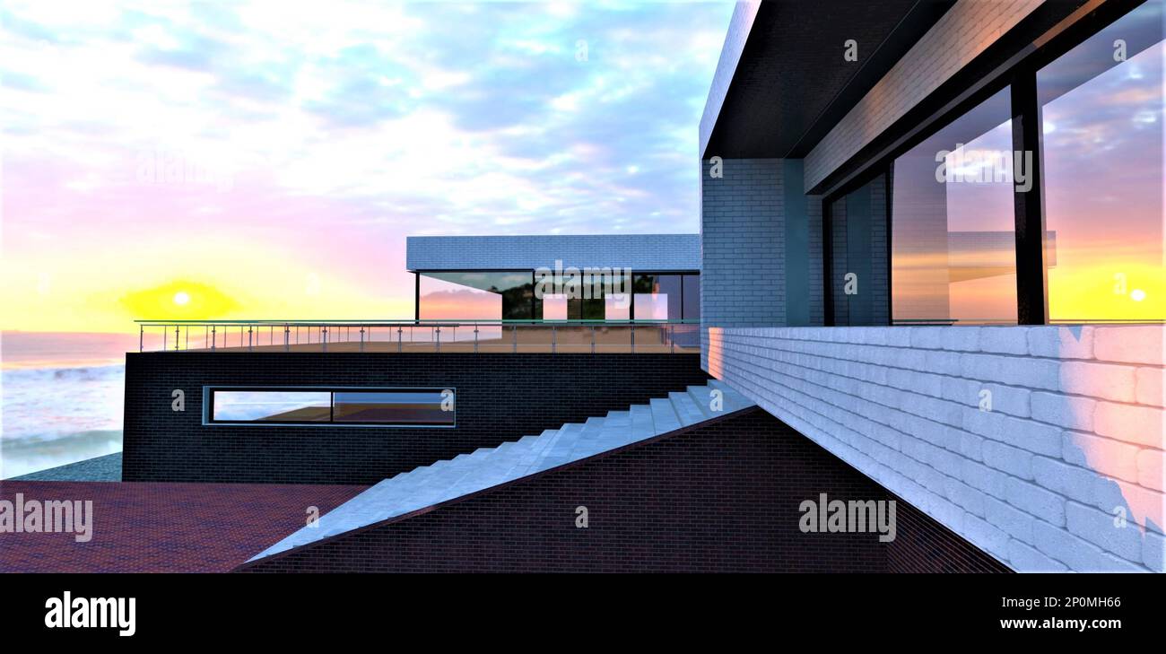 Amazing rising sun above the wavy ocean reflected in the panoramic ...