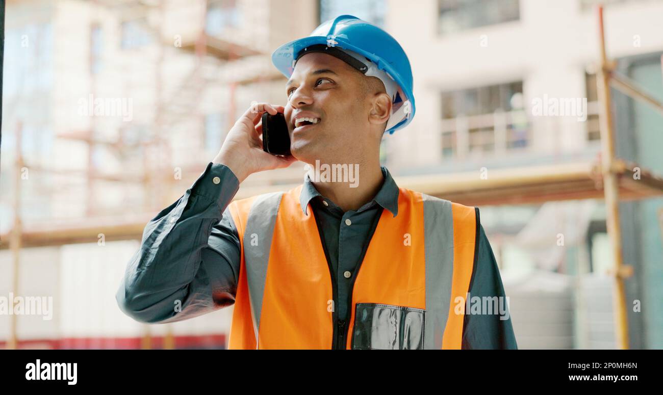 Phone call, construction site and engineer man talking for architecture ...