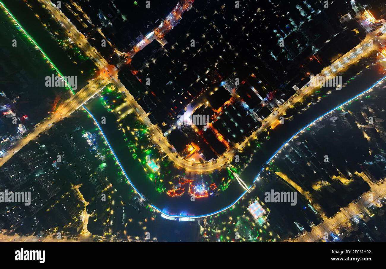 Aerial photo shows the night view of Yangzhou Ancient Canal in Yangzhou ...