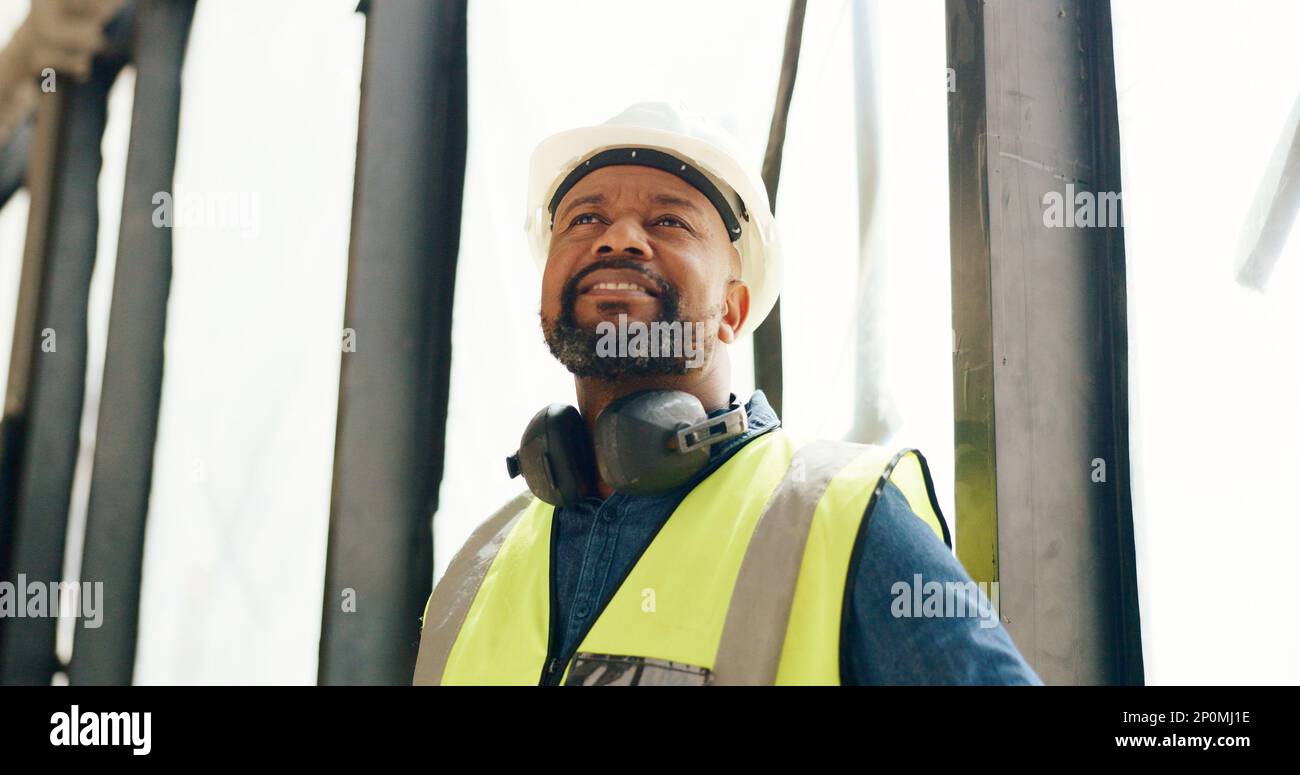 Architecture, thinking and construction site manager building a ...