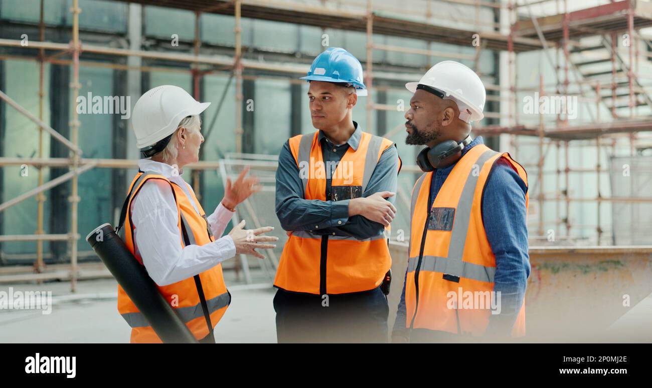 Construction workers, building engineers or tablet in teamwork planning ...