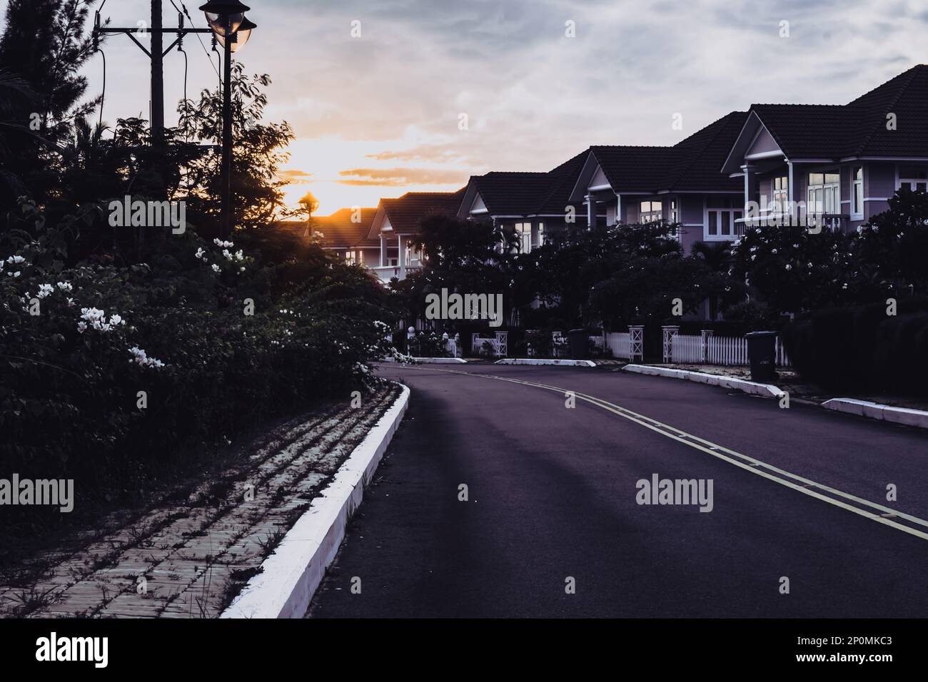 Modern cottages row road sidewalk two story buildings residential ...