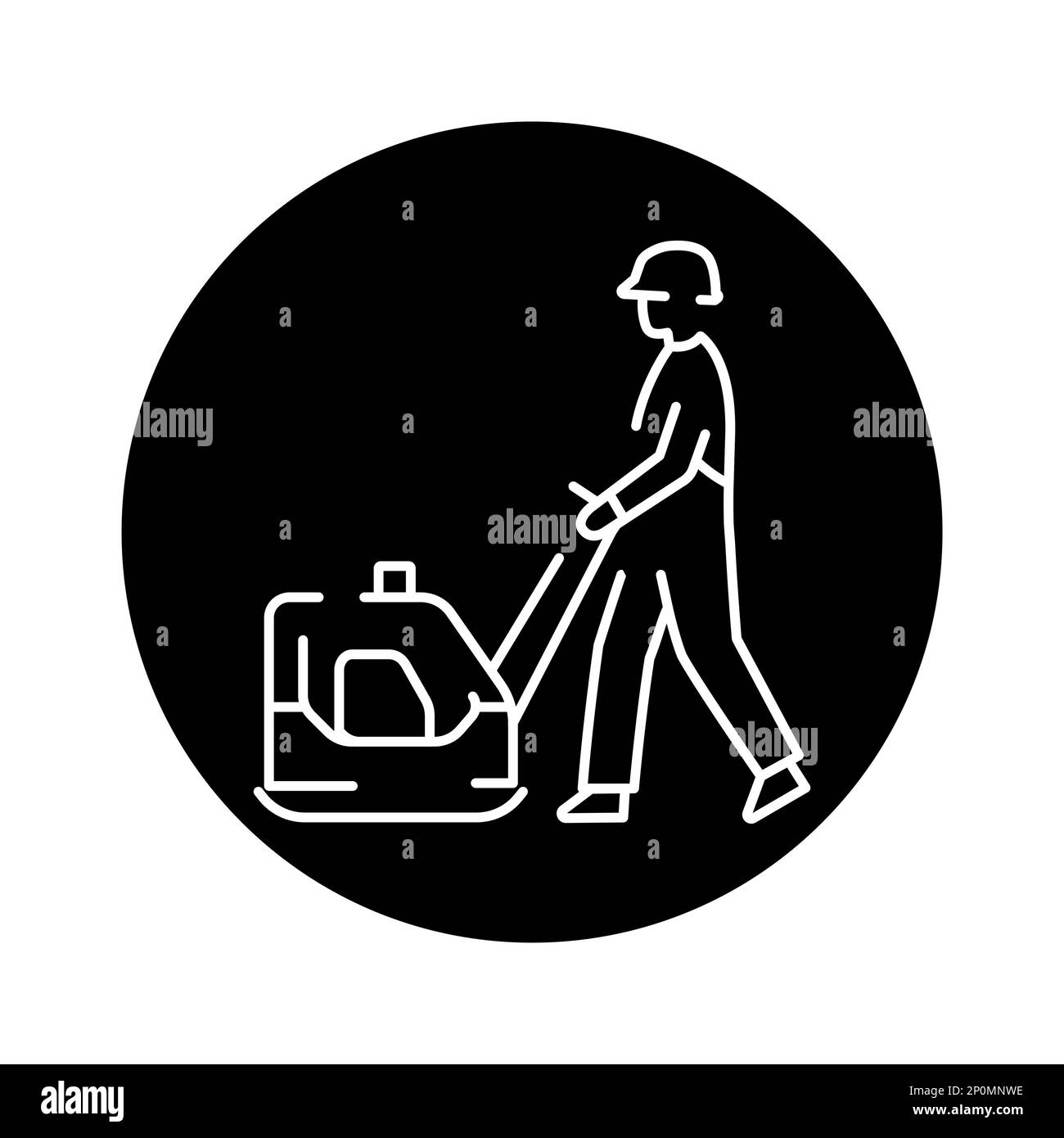 Worker with vibrating plate olor line icon. Road construction ...