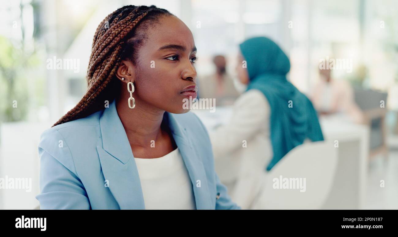 Business, computer and working black woman in office reading, typing ...