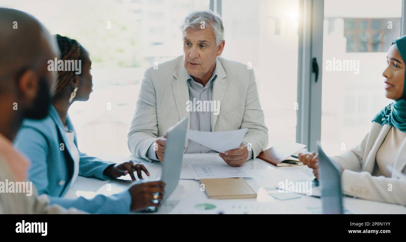 Business meeting, diversity team and people talking, planning and ...