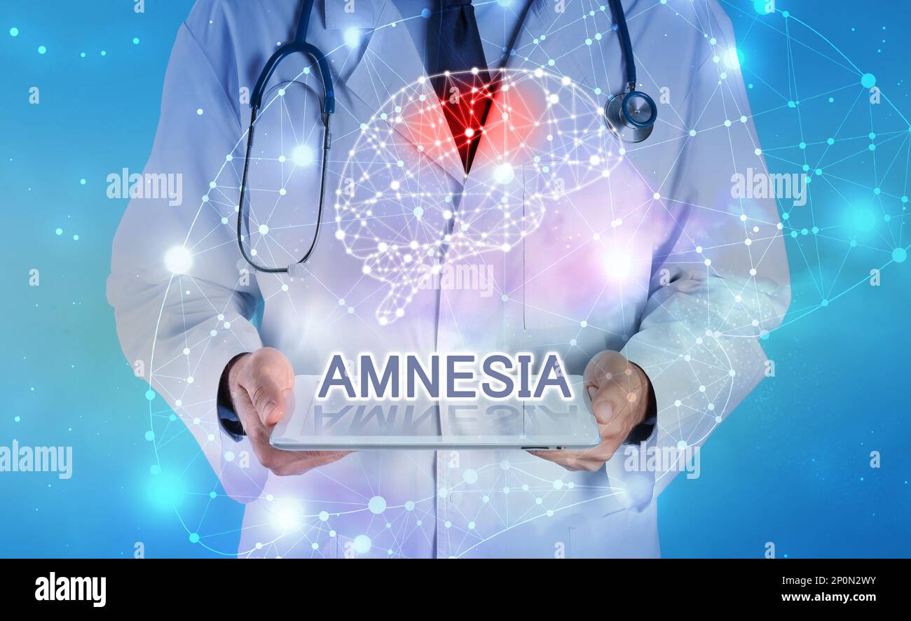 Amnesia therapy. Illustration of human brain and doctor with tablet on ...