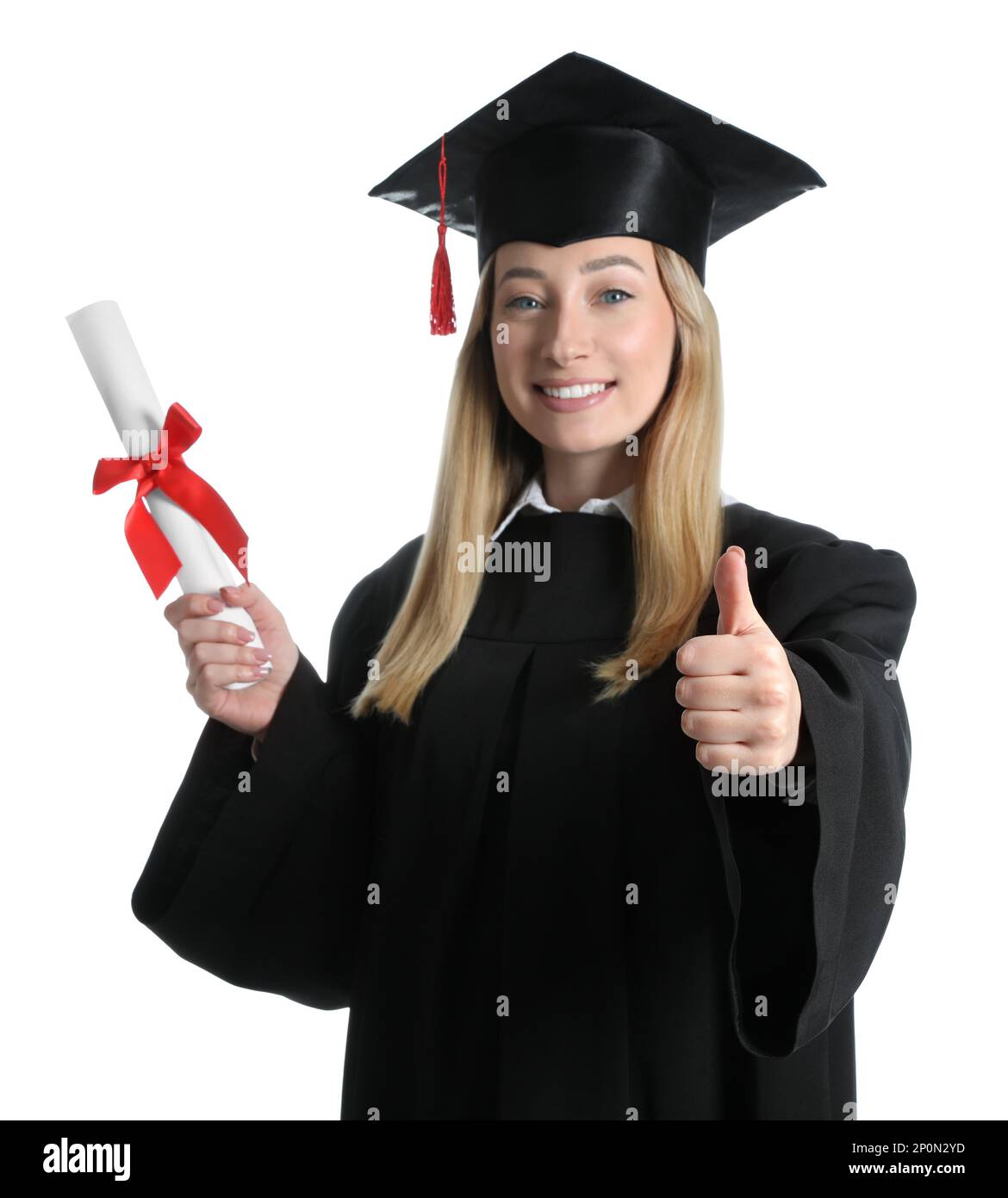 Happy student with diploma on white background Stock Photo - Alamy
