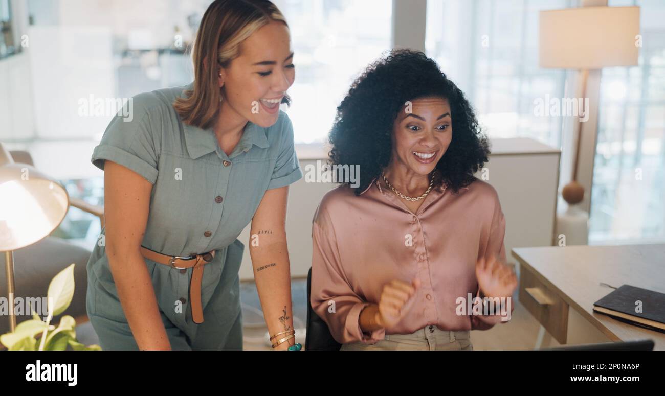 Teamwork, success and business people celebrate for laptop learning ...