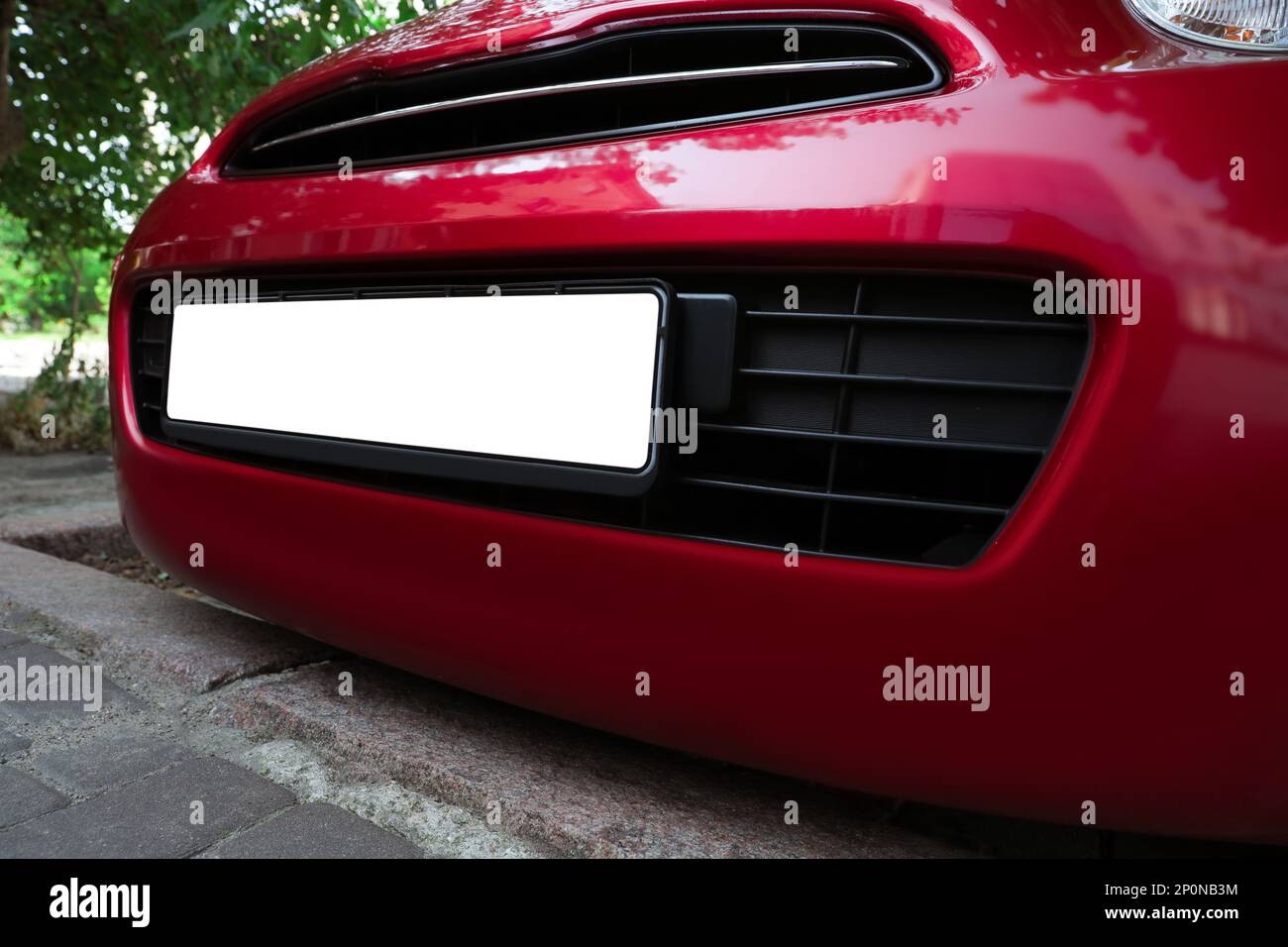 Car with vehicle registration plate outdoors, closeup. Mockup for ...