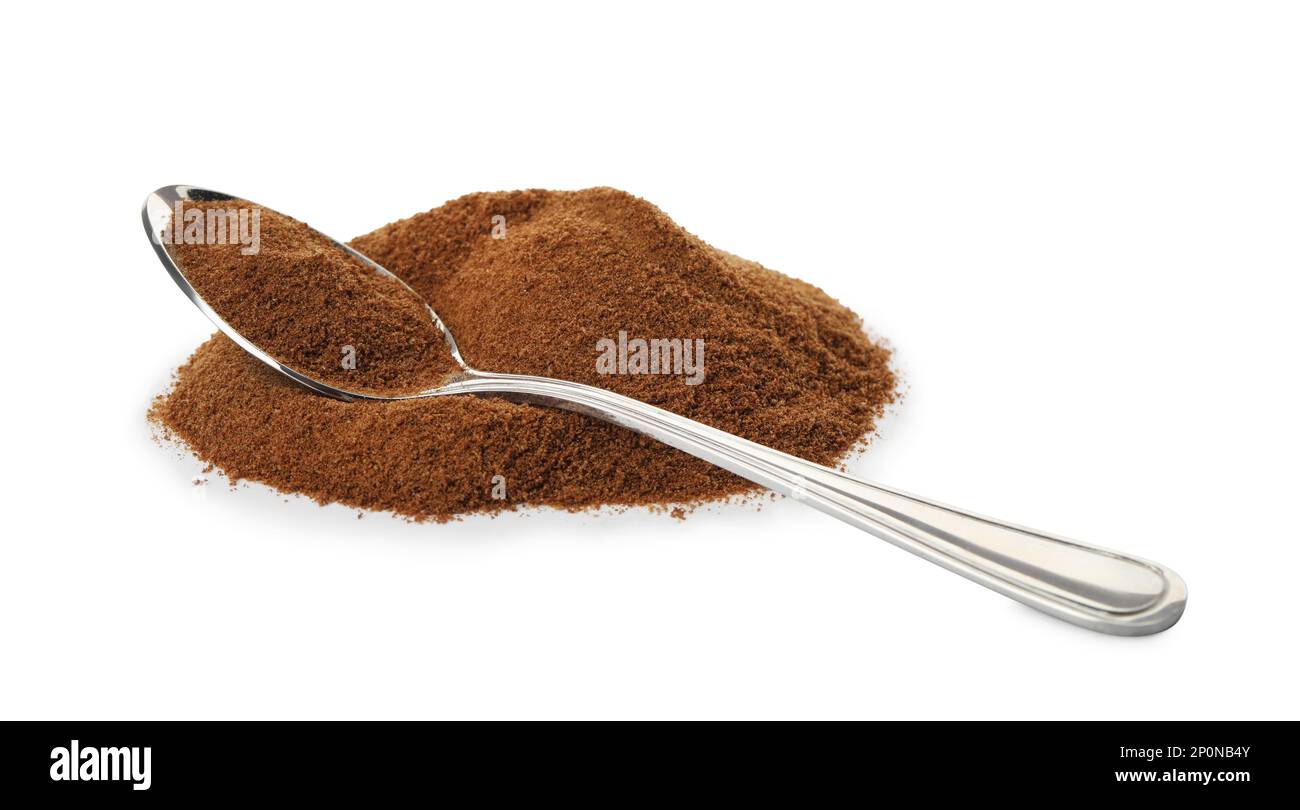 Spoon and chicory powder on white background Stock Photo - Alamy