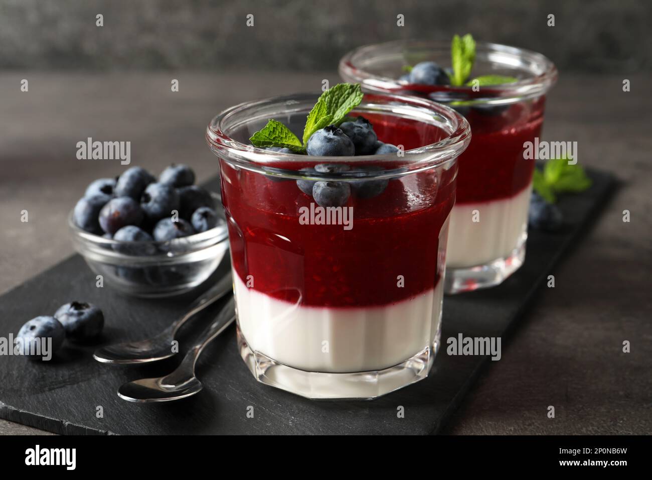 Delicious panna cotta with fruit coulis and fresh blueberries served on ...