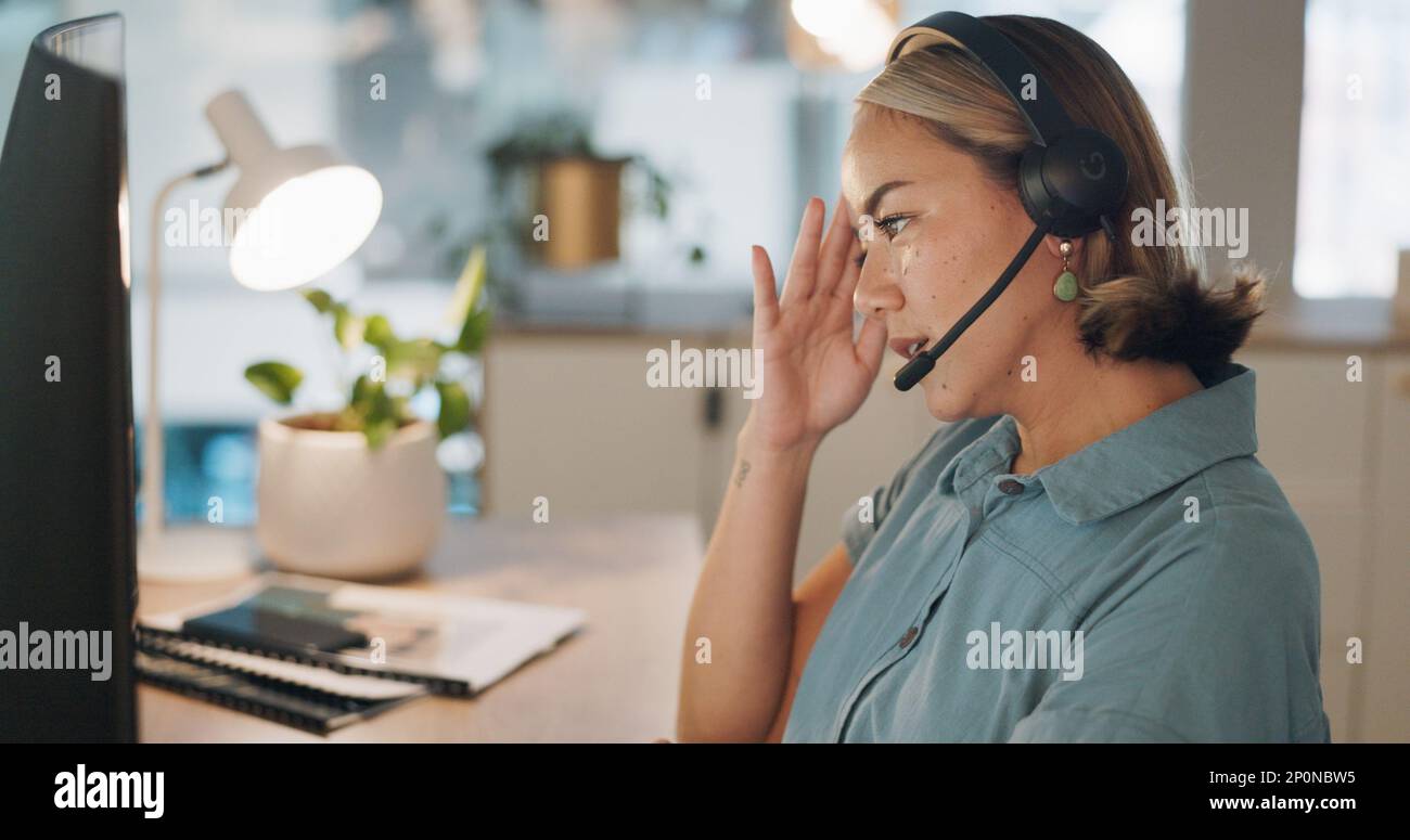 Tired, headache and call center woman tired, fatigue or depression ...