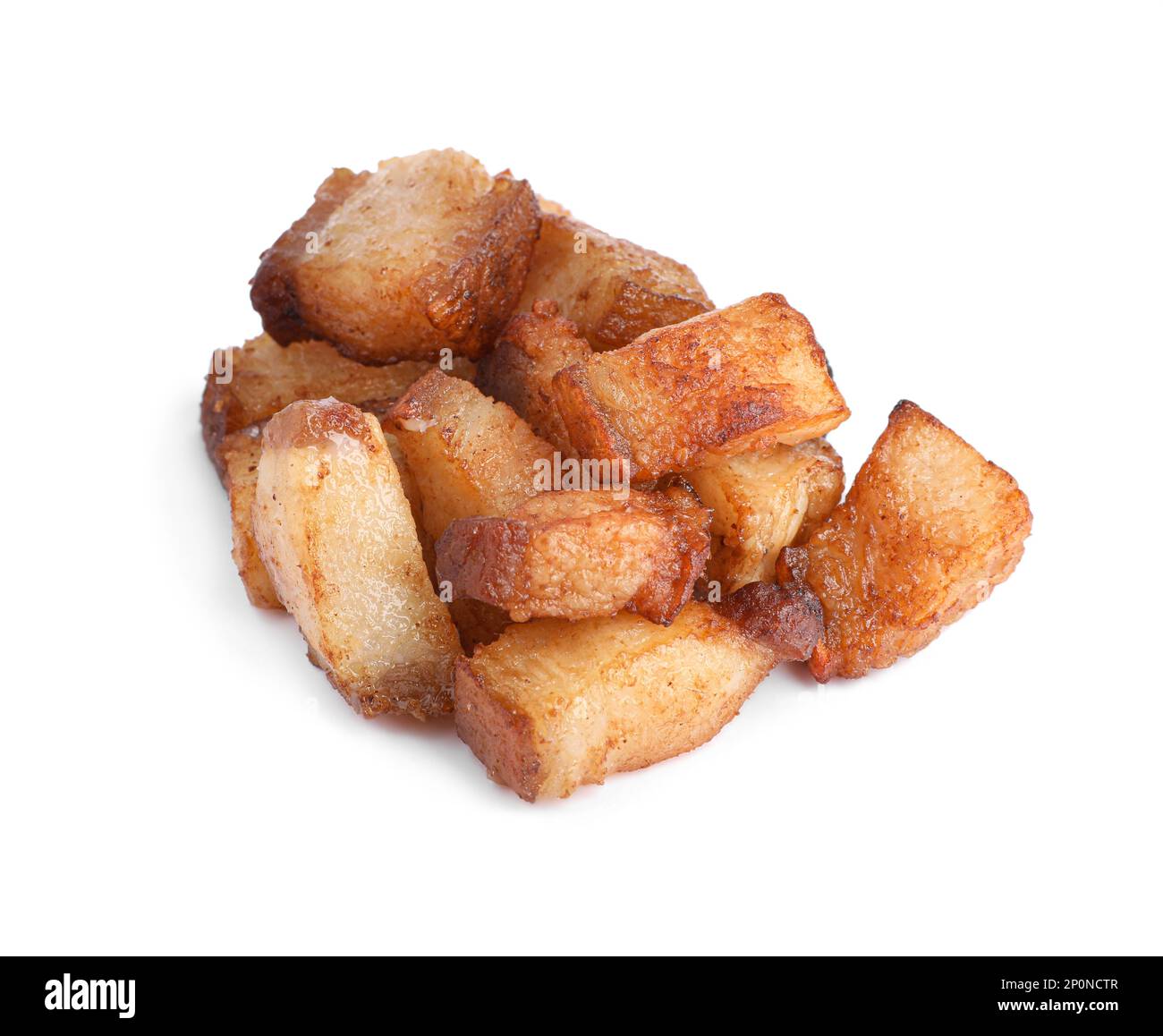 Tasty fried cracklings on white background. Cooked pork lard Stock ...