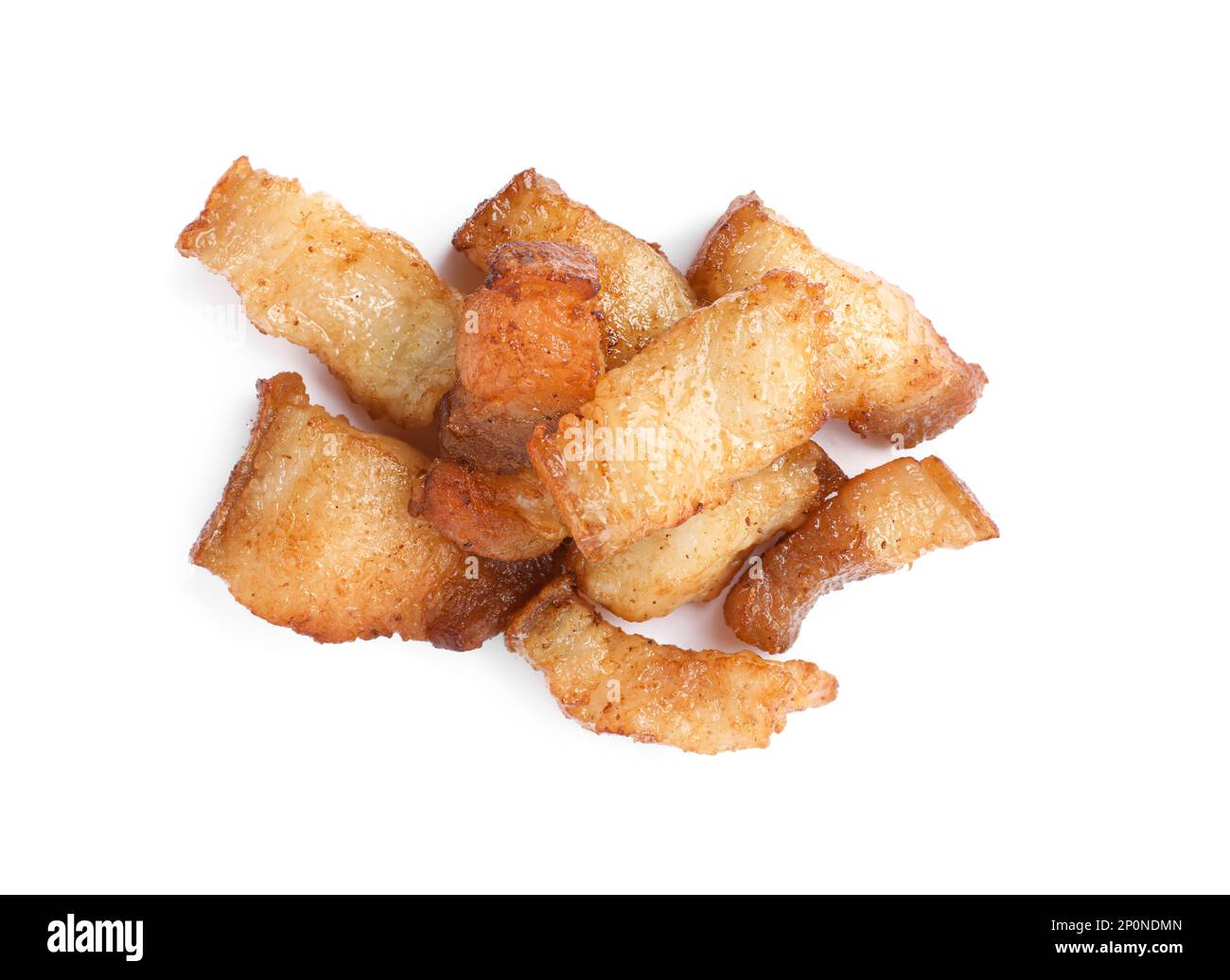 Tasty fried cracklings on white background, top view. Cooked pork lard ...