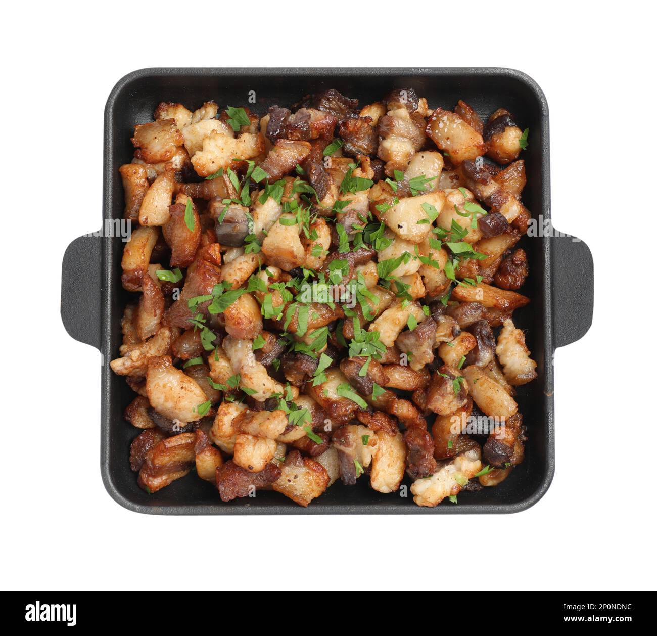 Tasty fried cracklings on white background, top view. Cooked pork lard ...