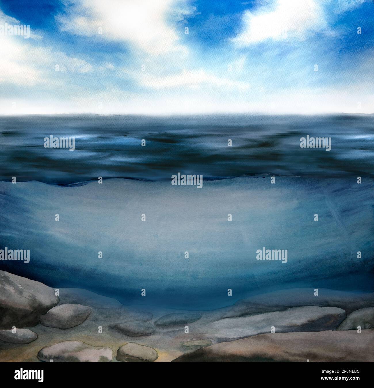 watercolor illustration of north sea landscape and underwater world ...