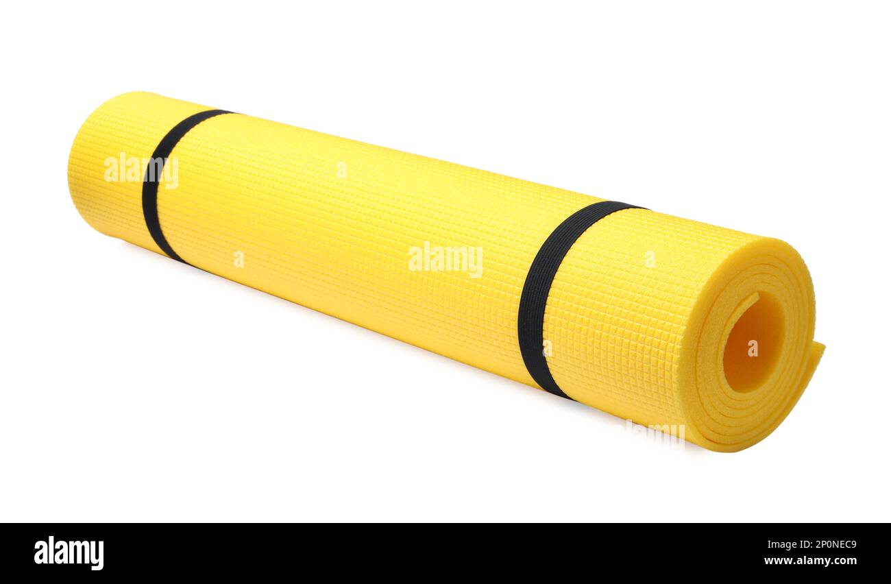 Rolled yellow camping mat isolated on white Stock Photo - Alamy