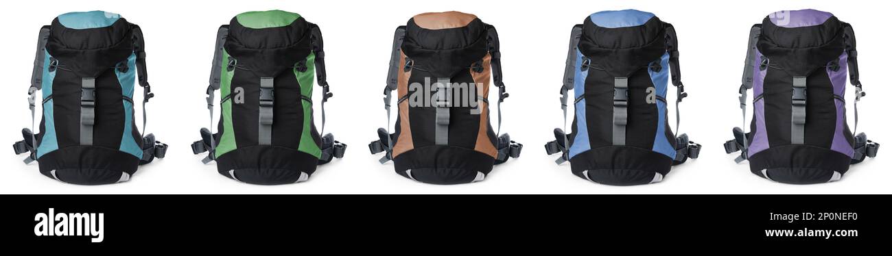 Different hiking backpacks on white background, collage. Banner design ...