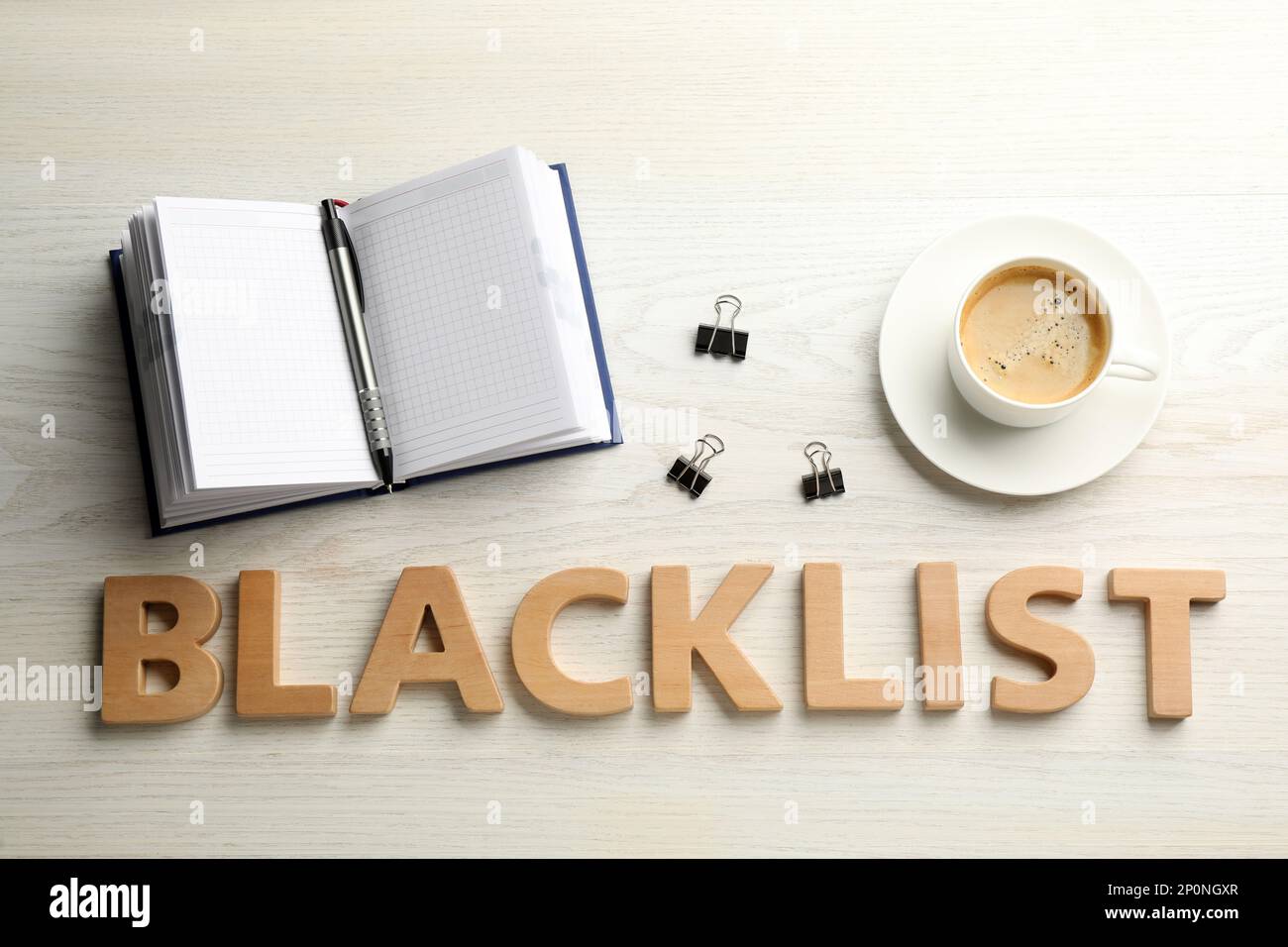 Word Blacklist of letters, cup with coffee and office stationery on ...