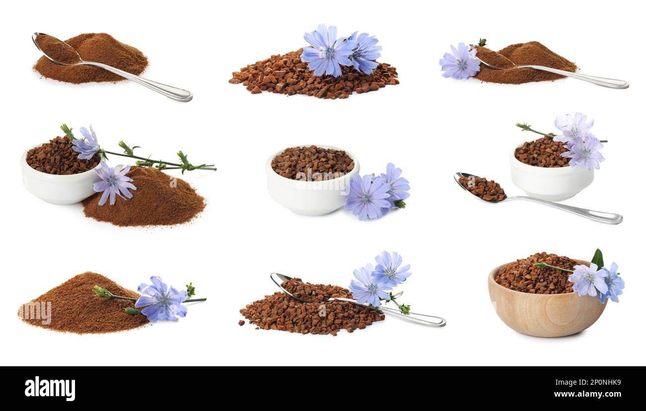 Set with chicory granules and powder on white background Stock Photo ...