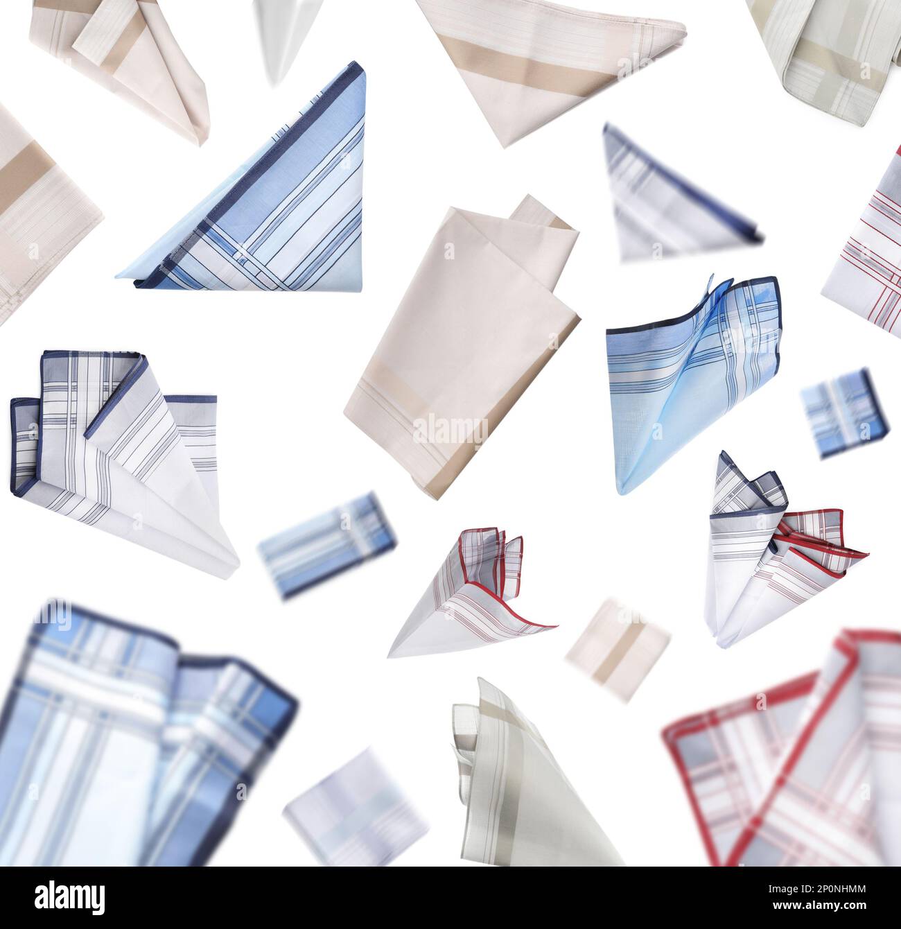 Many different handkerchiefs falling on white background Stock Photo ...