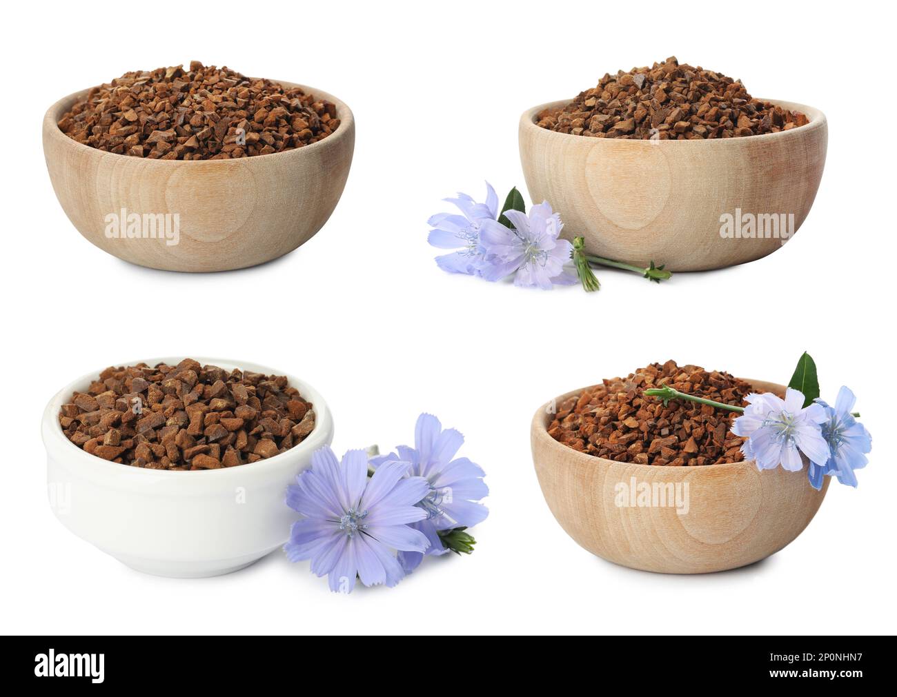 Set with chicory granules in bowls on white background Stock Photo - Alamy