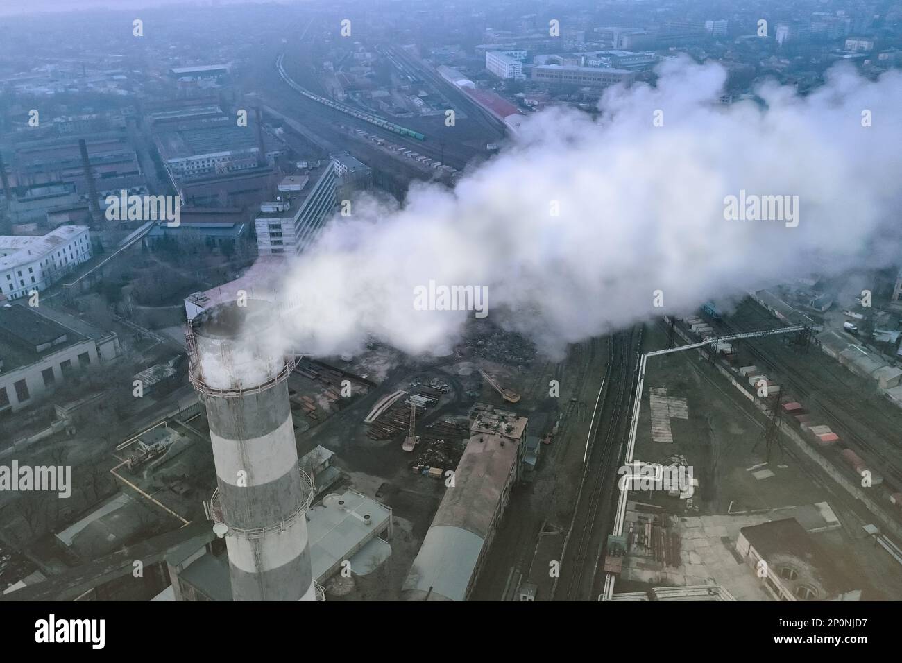 CO2 emissions. Industrial factory polluting air with smoke outdoors ...