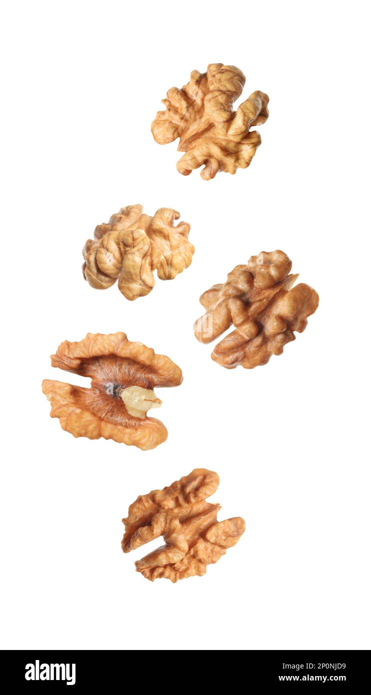Halves of walnuts falling on white background Stock Photo - Alamy