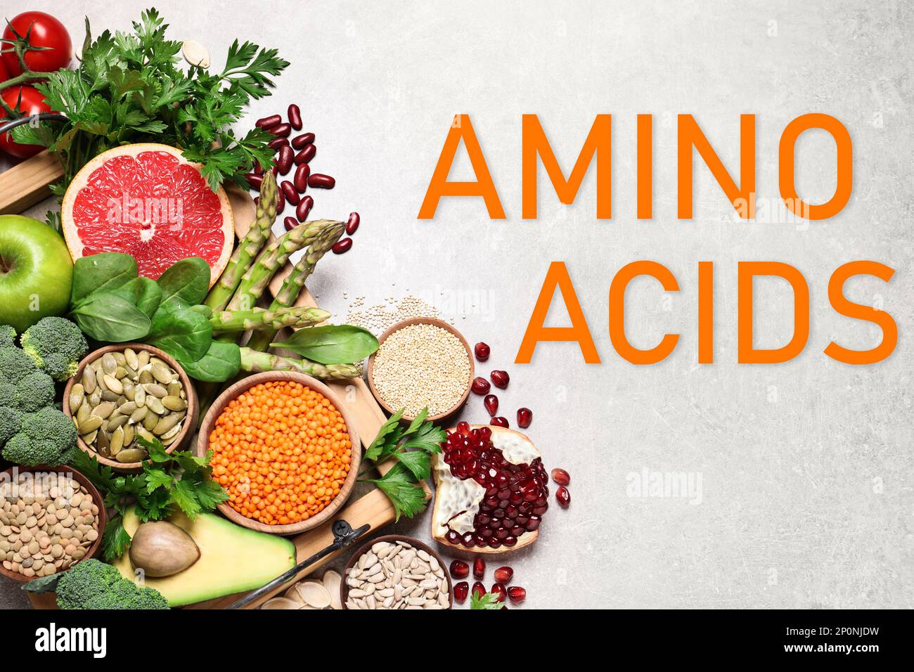 Fresh vegetables, fruits and seeds on light grey table, flat lay ...