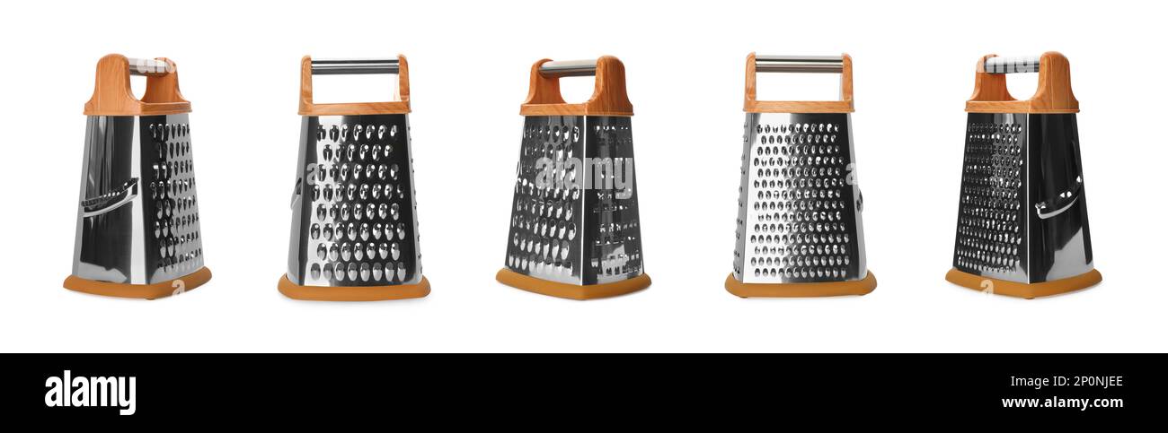 Stainless steel graters on white background, collage. Banner design ...