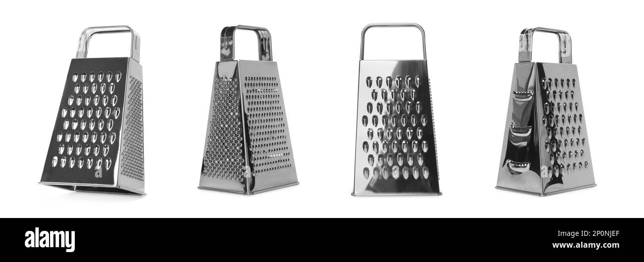 Stainless steel graters on white background, collage. Banner design ...
