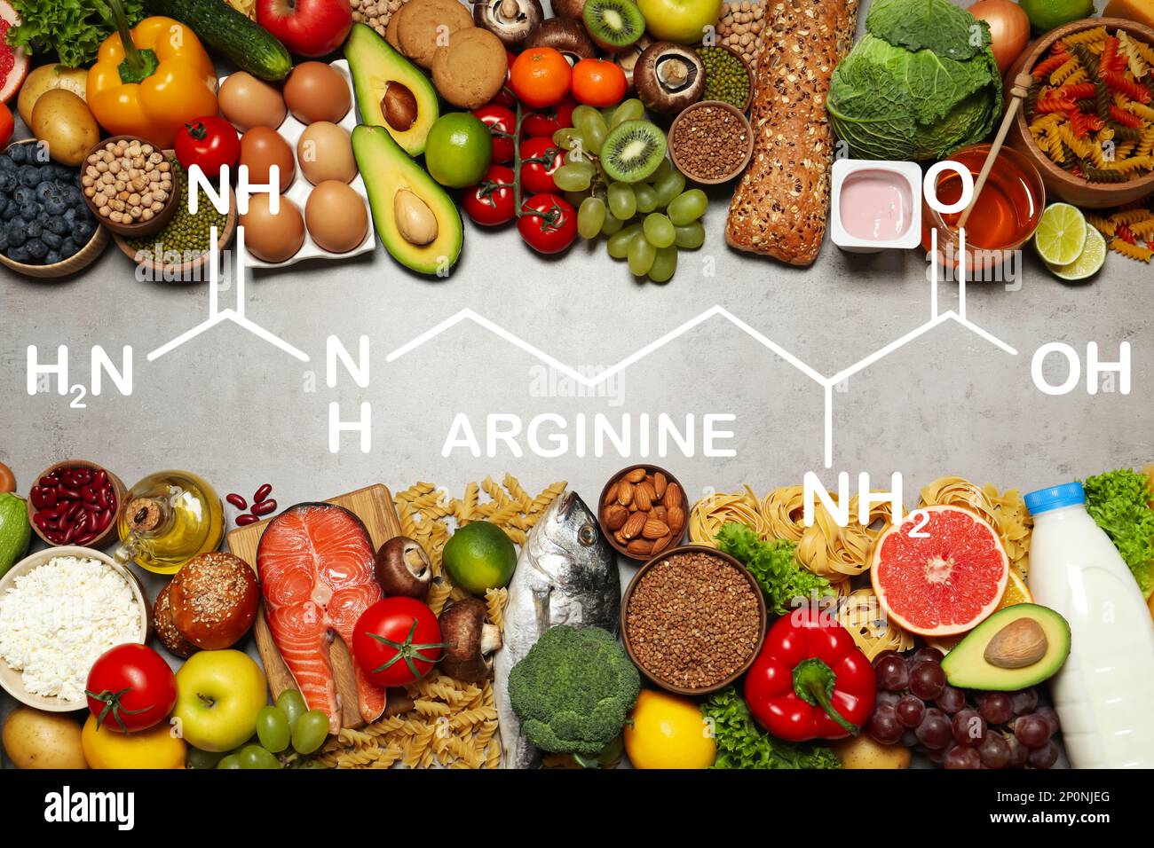 Different organic products on light grey table, flat lay. Sources of ...