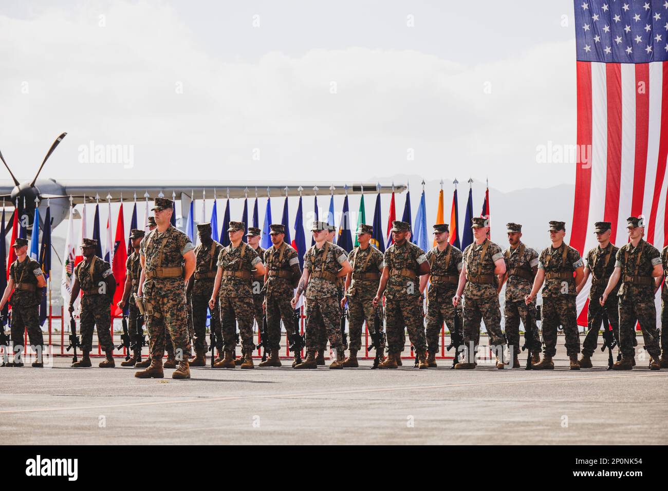 U.S. Marines with Marine Aerial Refueler Transport Squadron 153 stand ...