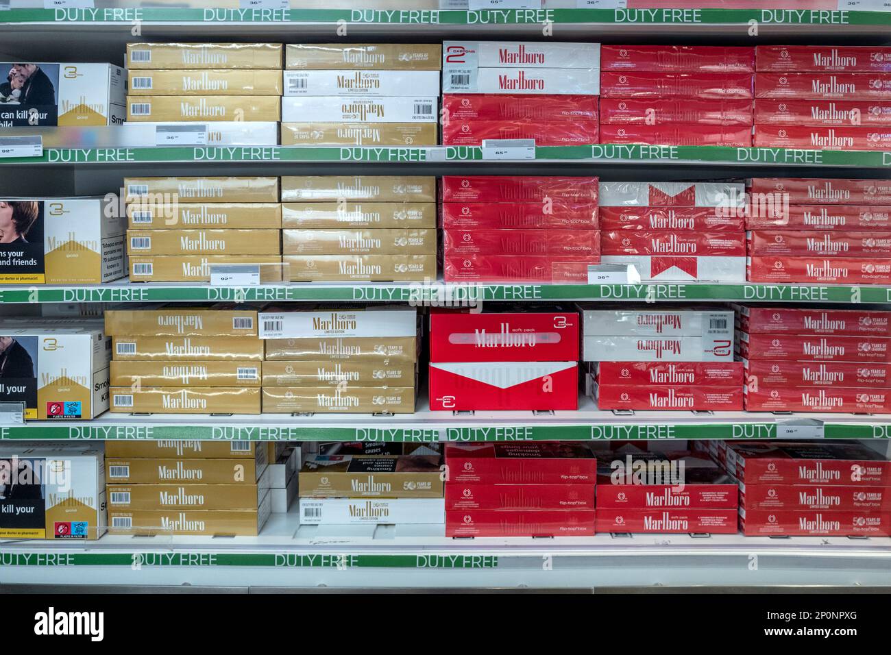 Athens, February 28th 2023: Duty free cigarettes on sale at the airport ...