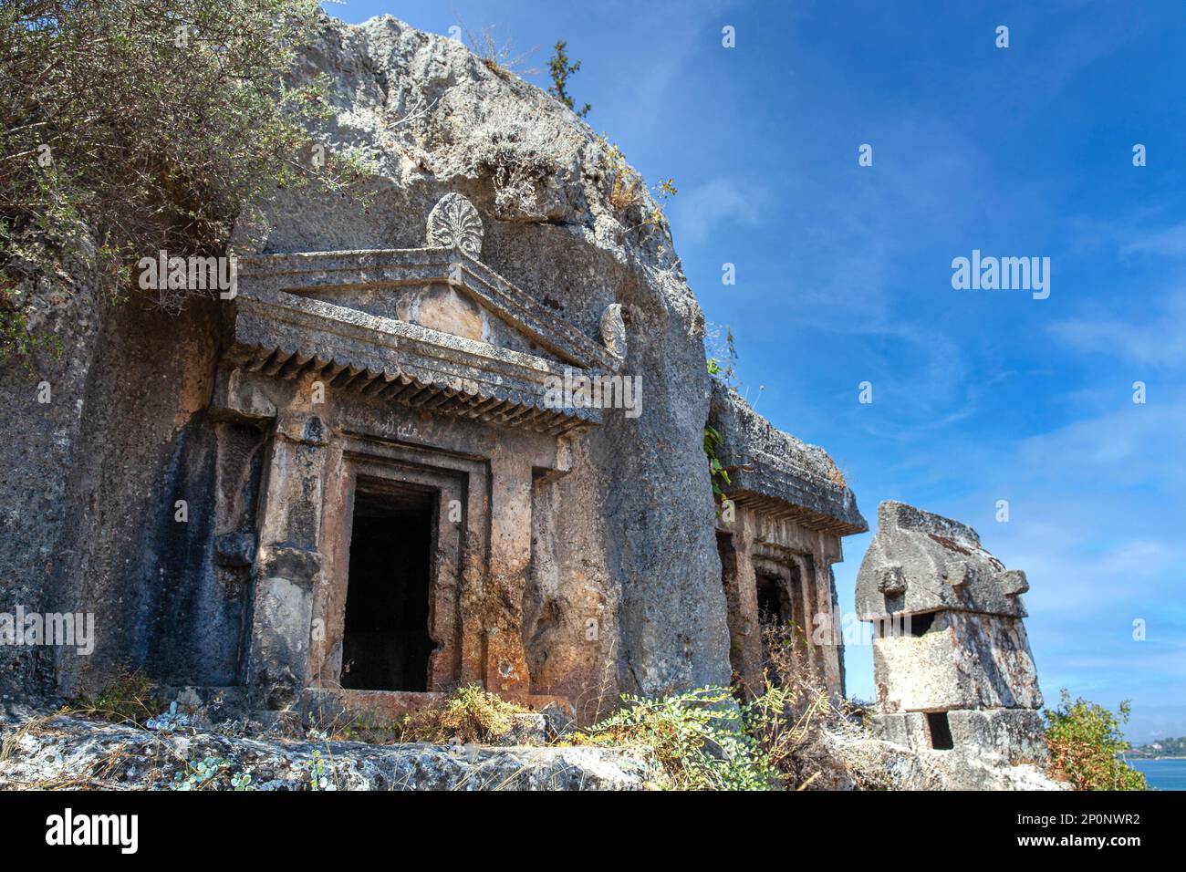 Ancient rock tombs and sarcophagi in Telmessos city, Fethiye, Mugla ...