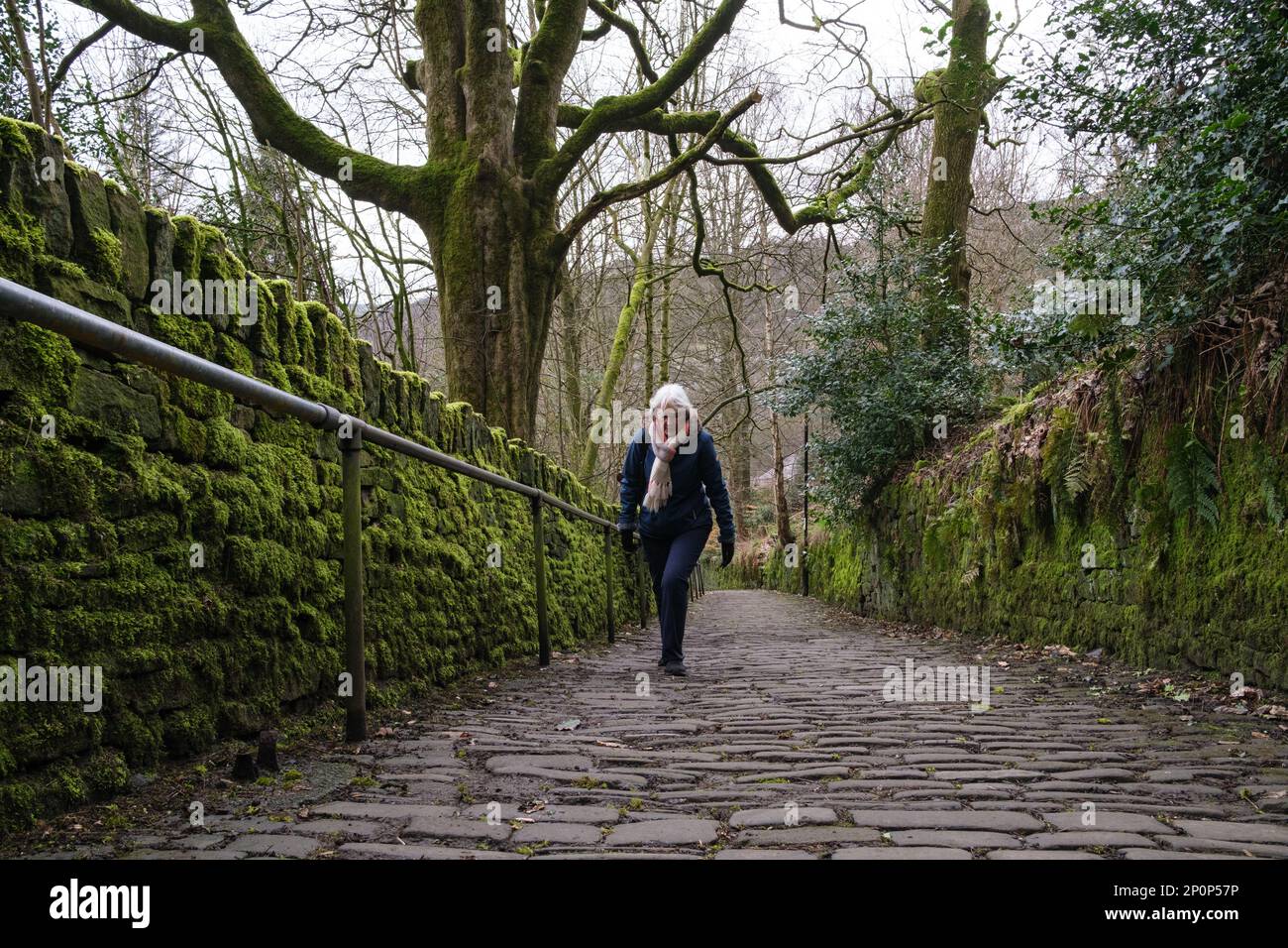 West Yorkshire, UK. A woman walking up the steep path from Hebden ...
