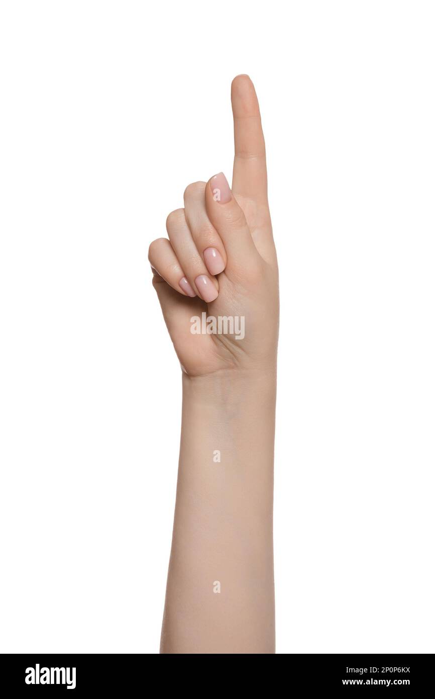 Woman's hand pointing up her index finger, number one, click or tap on the touch screen ...