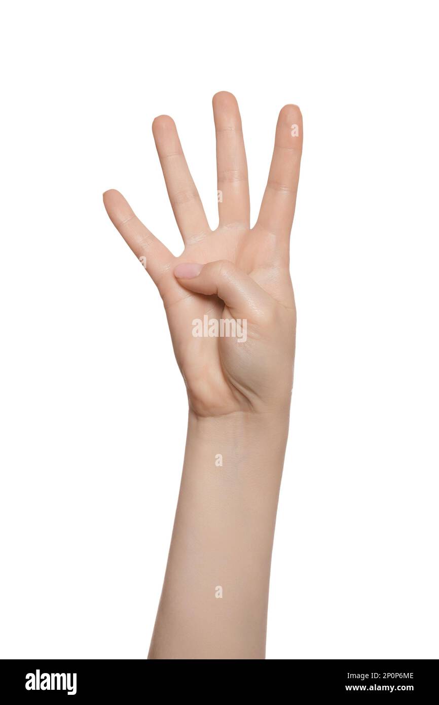 Woman's hand pointing 4 fingers up, number four. Isolated on white ...