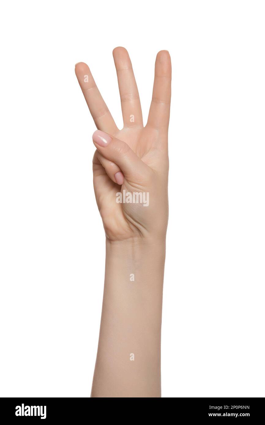 Woman's hand pointing 3 fingers up, number three. Isolated on white ...