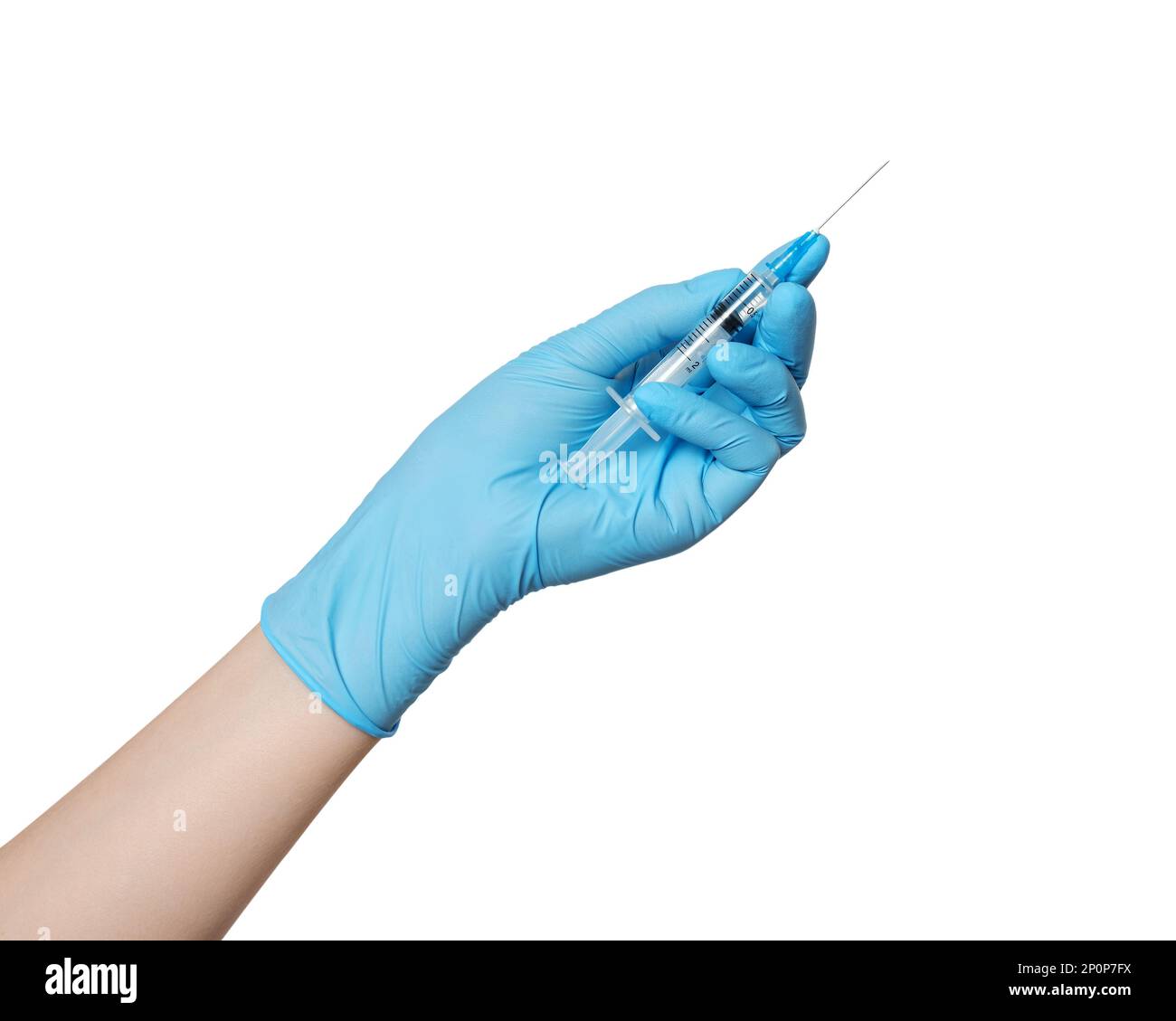 Medical syringe in hand with latex blue glove with liquid for injection ...