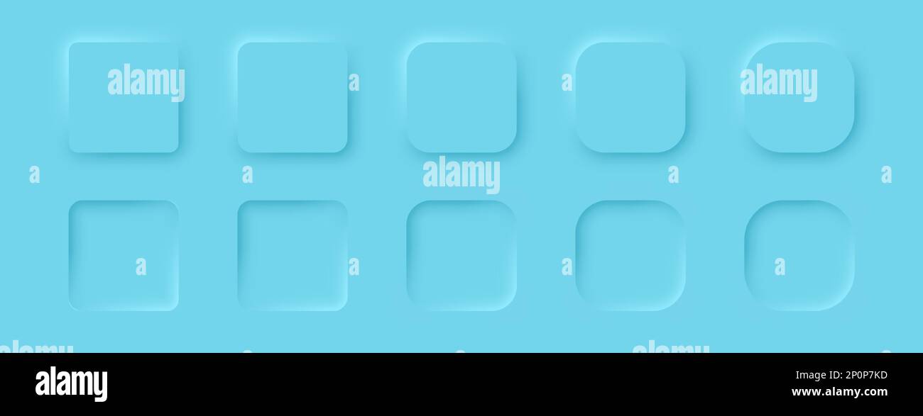 Square buttons in a neomorphic style on a blue background. A set of user interface design ...