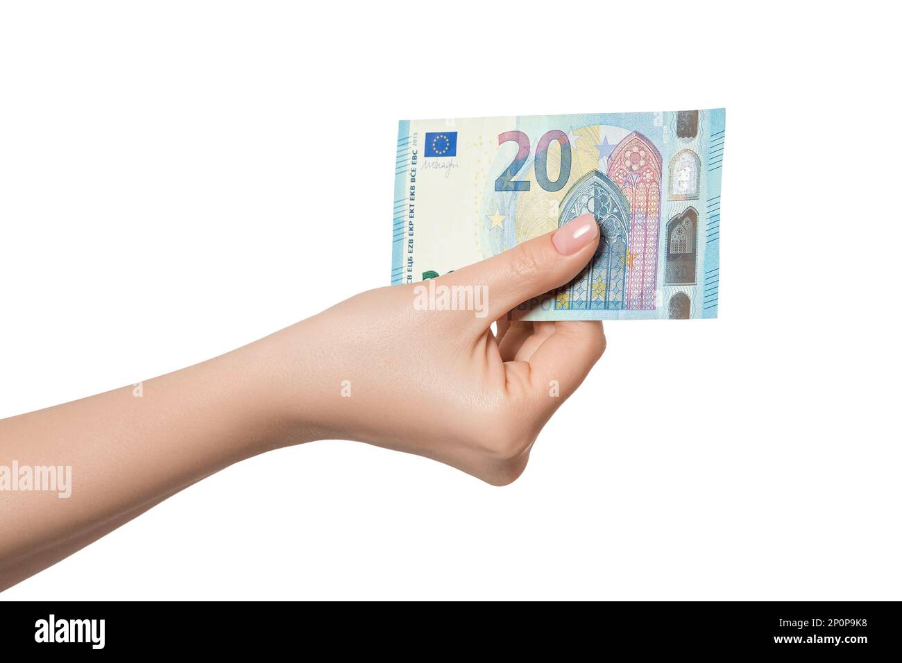 20 euro banknote in a female hand, isolate Stock Photo - Alamy